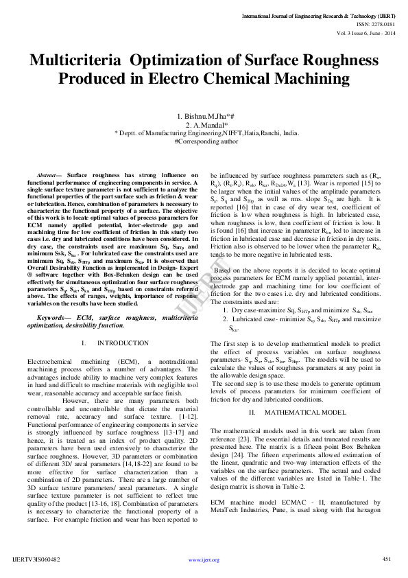 (PDF) Multicriteria Optimization of Surface Roughness Produced in Electro Chemical Machining