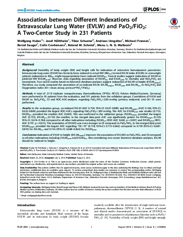(PDF) Association between Different Indexations of Extravascular Lung Water (EVLW) and PaO2/FiO2 ...