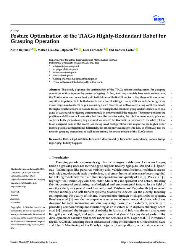 (PDF) Posture Optimization of the TIAGo Highly-Redundant Robot for Grasping Operation