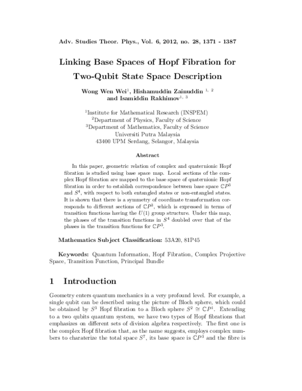 (PDF) Linking Base Spaces of Hopf Fibration for Two-Qubit State Space ...