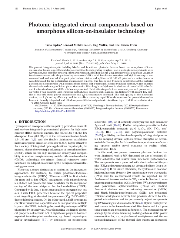 (PDF) Photonic integrated circuit components based on amorphous silicon-on-insulator technology