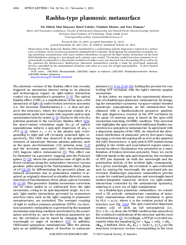 (PDF) Rashba-type plasmonic metasurface