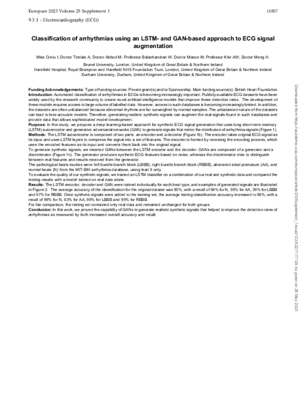 (PDF) Classification of arrhythmias using an LSTM- and GAN-based approach to ECG signal augmentation