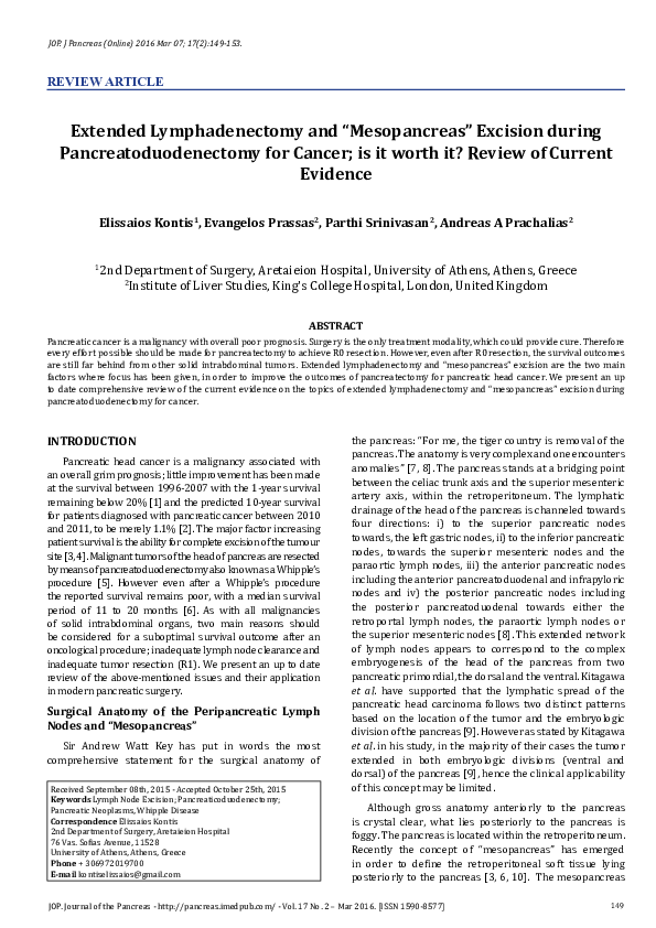 (PDF) Extended Lymphadenectomy and "Mesopancreas" Excision during ...