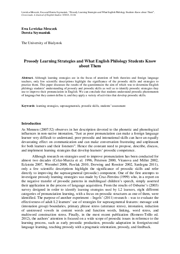 (PDF) Prosody Learning Strategies and What English Philology Students Know about Them