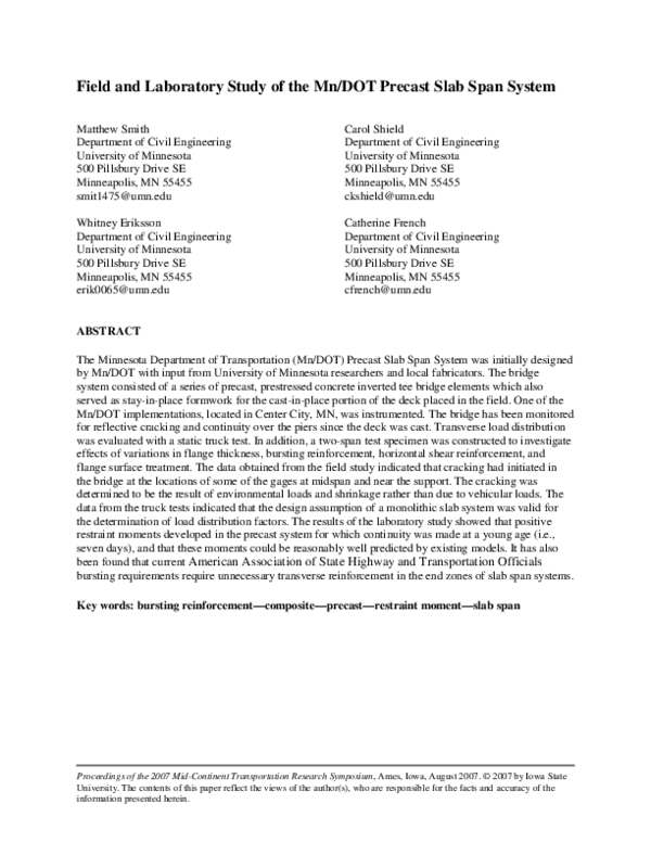 (PDF) Field and Laboratory Study of the Mn/DOT Precast Slab Span System