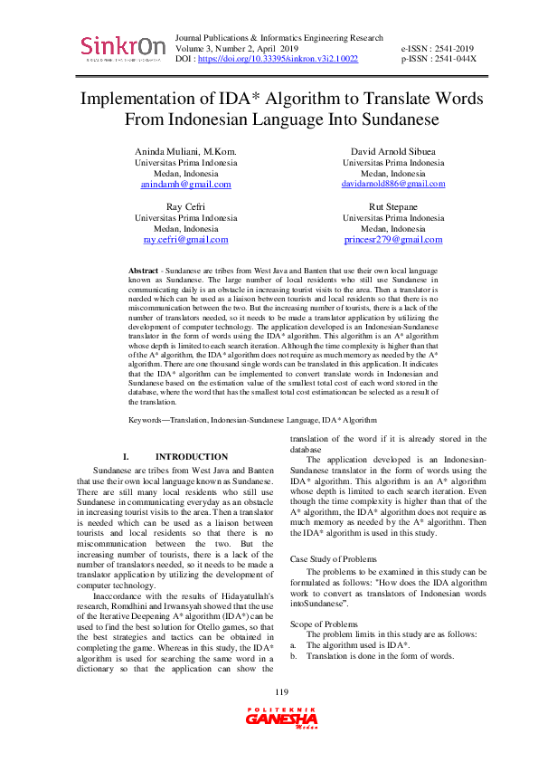 (PDF) The Implementation of IDA* Algorithm to Translate Words From ...