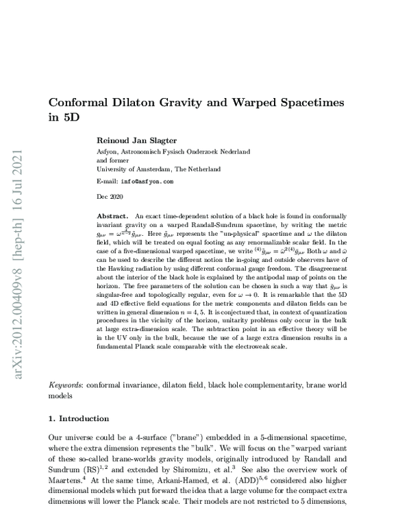 (PDF) Conformal Dilaton Gravity and Warped Spacetimes in 5D | Reinoud ...