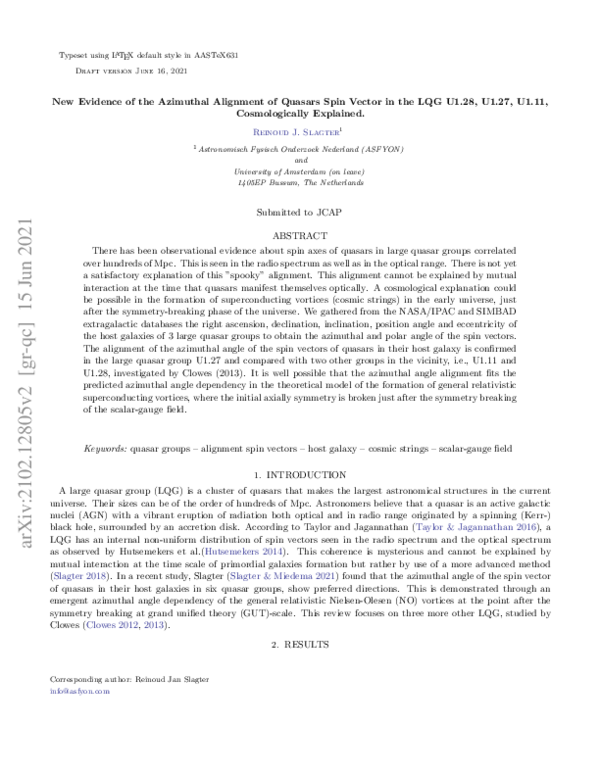 (PDF) New evidence of the azimuthal alignment of quasars spin vector in ...