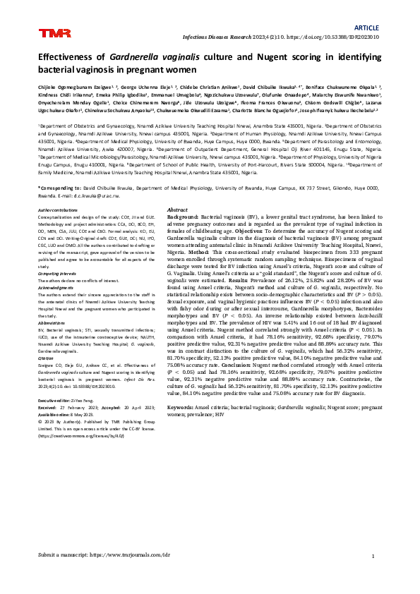 (PDF) Effectiveness of Gardnerella vaginalis culture and Nugent scoring ...