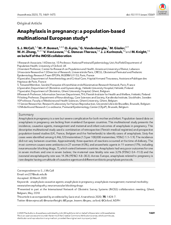 (PDF) Anaphylaxis in pregnancy: a population‐based multinational European study