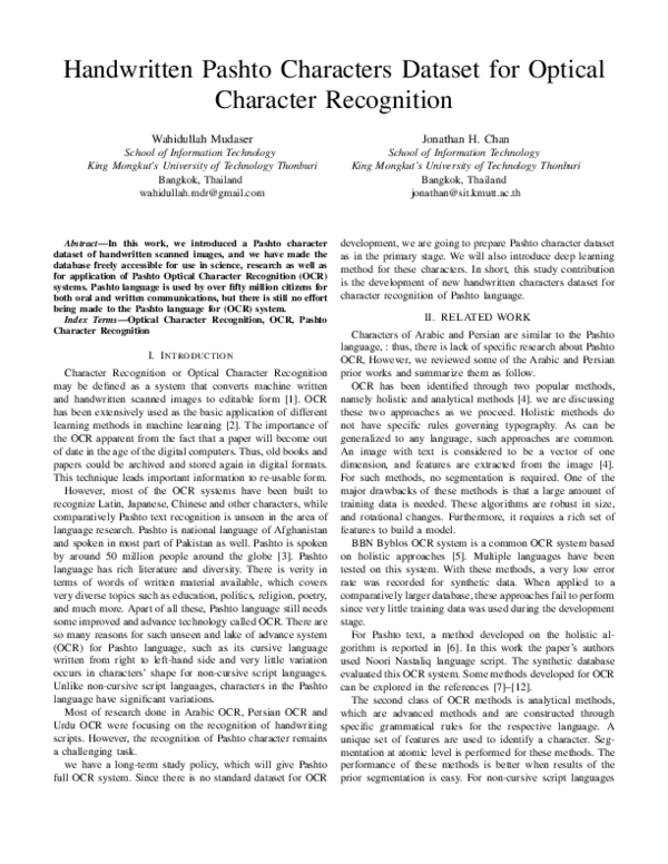 (PDF) Handwritten Pashto Characters Dataset for Optical Character Recognition | Wahidullah ...