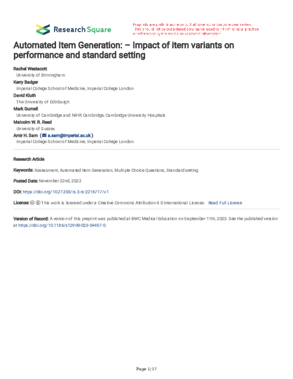 (PDF) Automated Item Generation: – Impact of item variants on ...