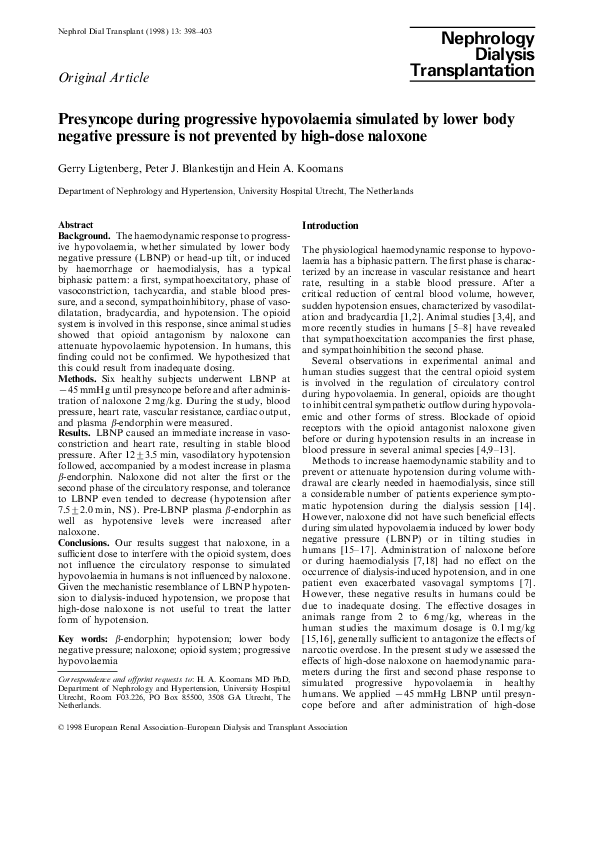 (PDF) Naloxone's Impact on Hypovolaemia Responses