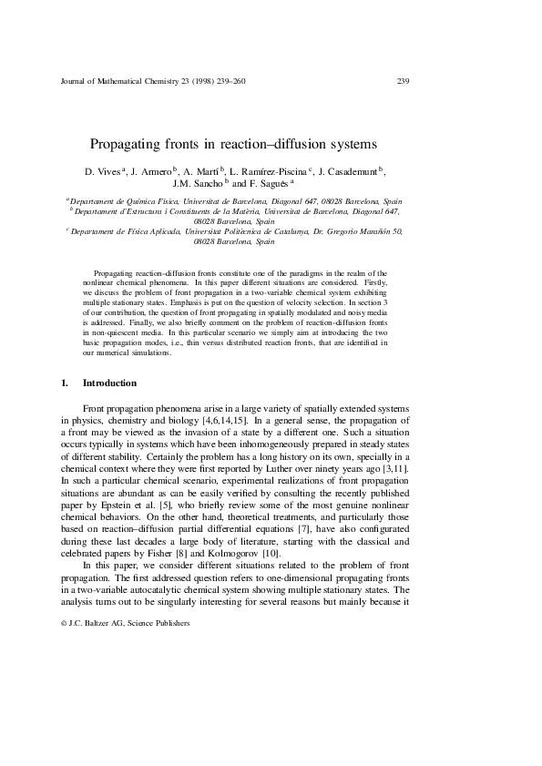 Pdf Propagating Fronts In Reaction Diffusion Systems
