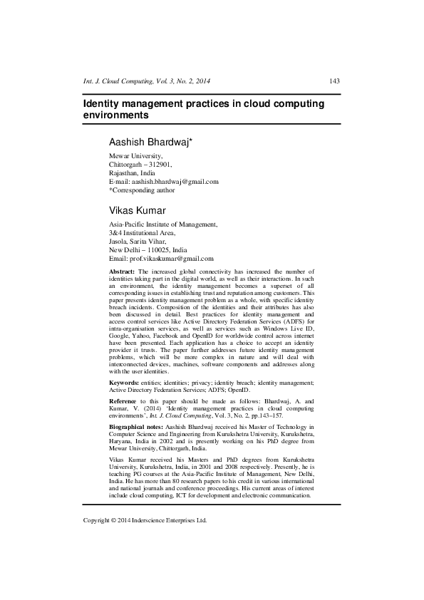 (PDF) Identity management practices in cloud computing environments