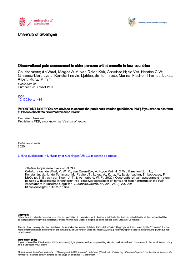(PDF) Observational pain assessment in older persons with dementia in ...