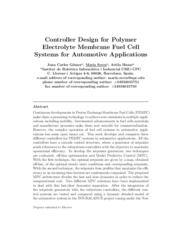 (PDF) Controller design for polymer electrolyte membrane fuel cell ...
