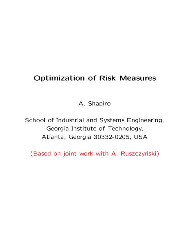 (PDF) Optimization of Risk Measures