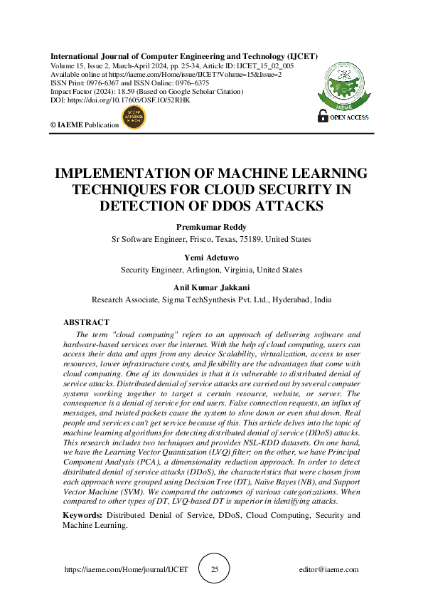 (PDF) IMPLEMENTATION OF MACHINE LEARNING TECHNIQUES FOR CLOUD SECURITY IN DETECTION OF DDOS ATTACKS
