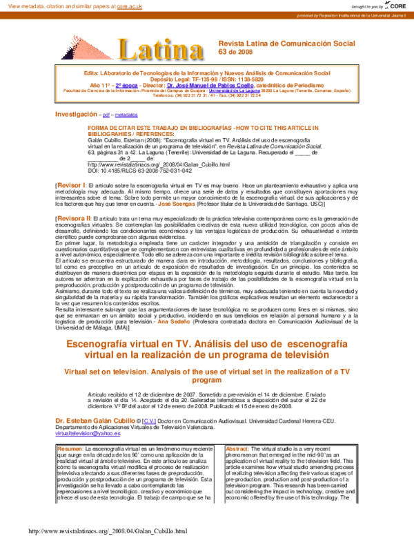 (PDF) Virtual set on television. Analysis of the use of virtual set in ...