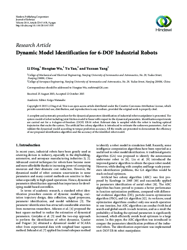 Pdf Dynamic Model Identification For 6 Dof Industrial Robots