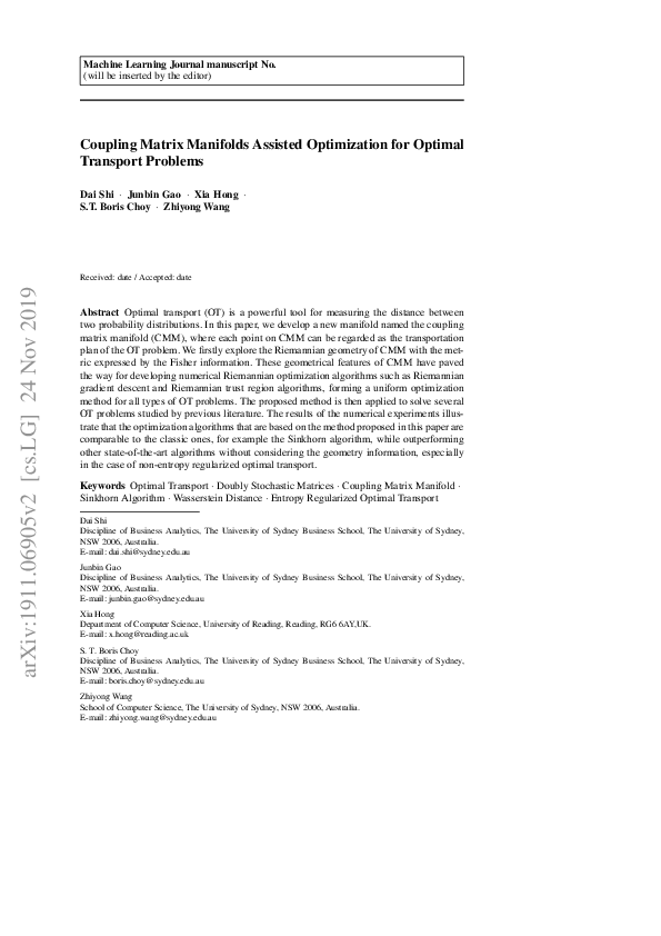 (PDF) Coupling Matrix Manifolds and Their Applications in Optimal Transport