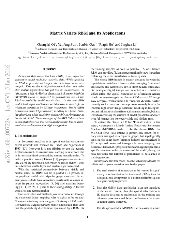 (PDF) Matrix Variate RBM and Its Applications