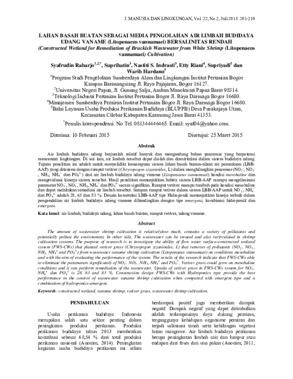 (PDF) LAHAN BASAH BUATAN SEBAGAI MEDIA PENGOLAHAN AIR LIMBAH BUDIDAYA ...