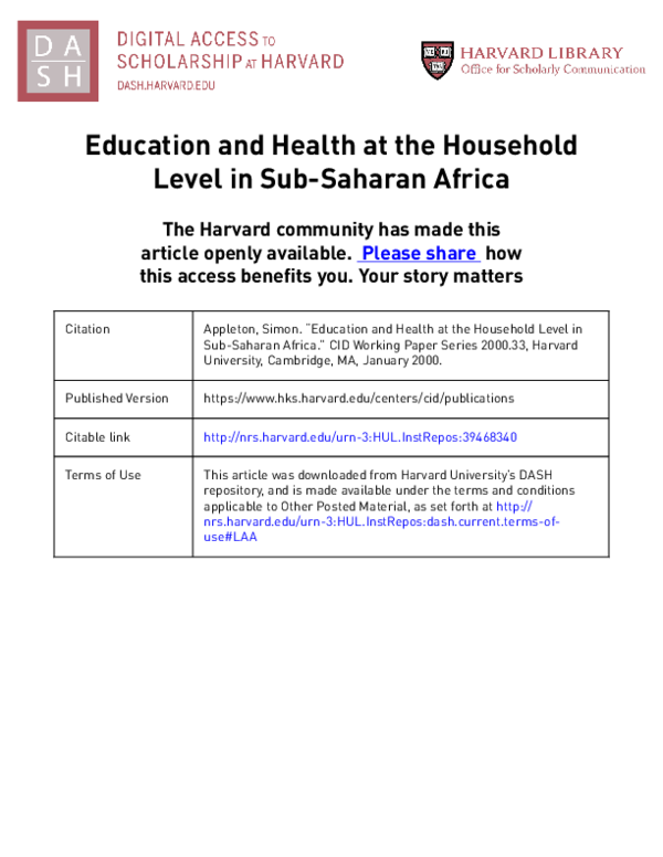 (PDF) Education and health at the household level in sub-Saharan Africa