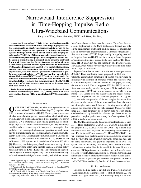 (PDF) Narrowband interference suppression in time-hopping impulse-radio systems