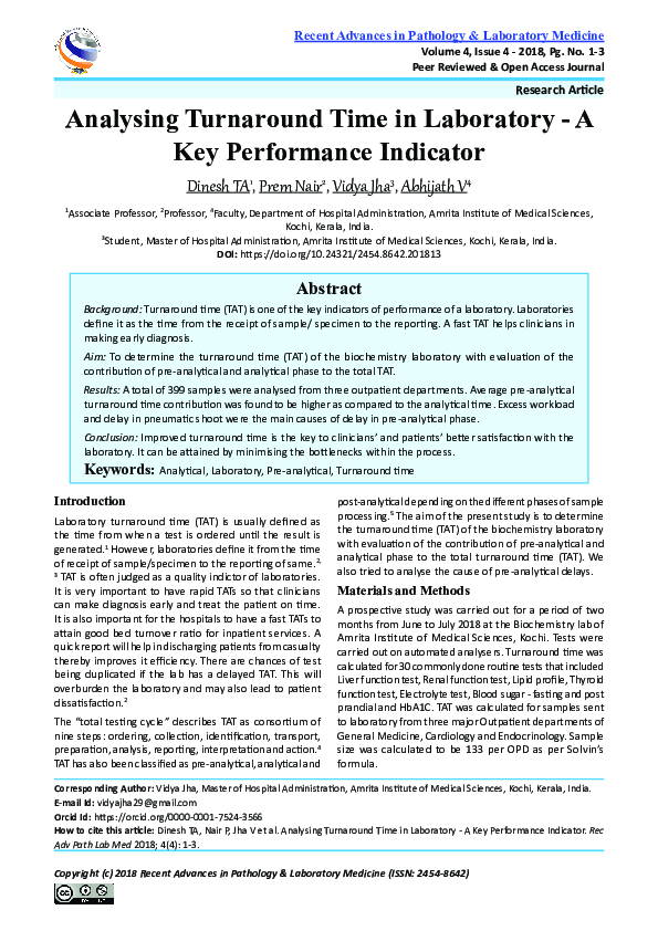 (PDF) Analysing Turnaround Time in Laboratory - A Key Performance Indicator