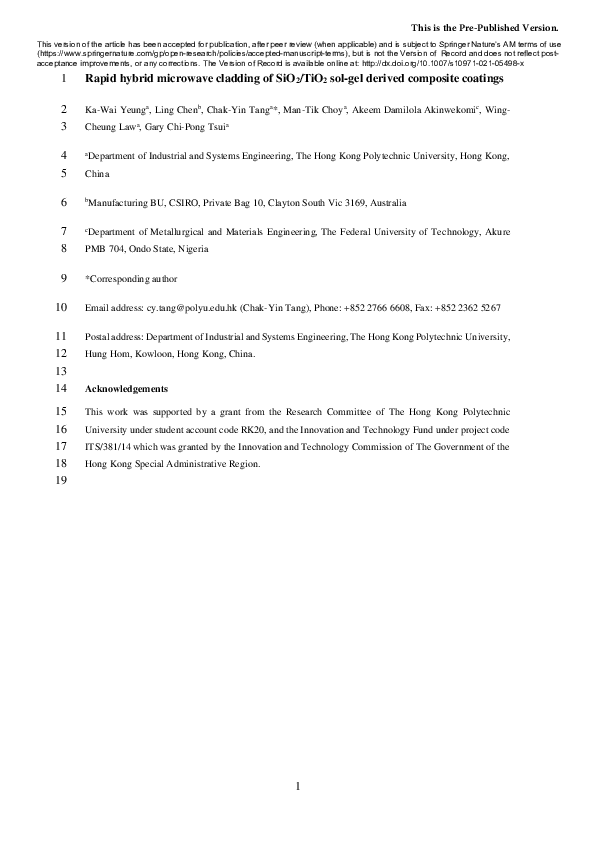 Pdf Rapid Hybrid Microwave Cladding Of Sio2 Tio2 Sol Gel Derived Composite Coatings