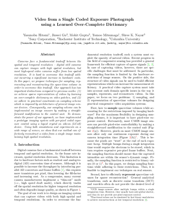 (PDF) Video from a single coded exposure photograph using a learned ...