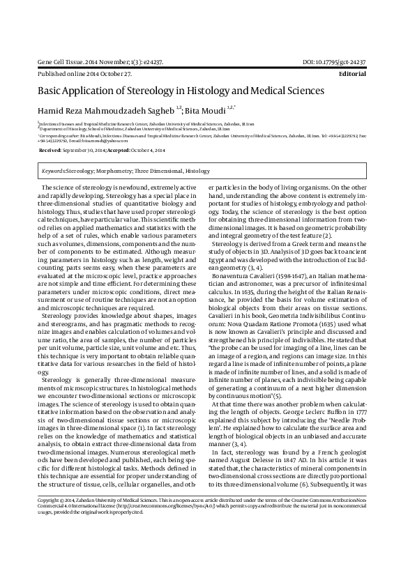 (PDF) Basic Application of Stereology in Histology and Medical Sciences