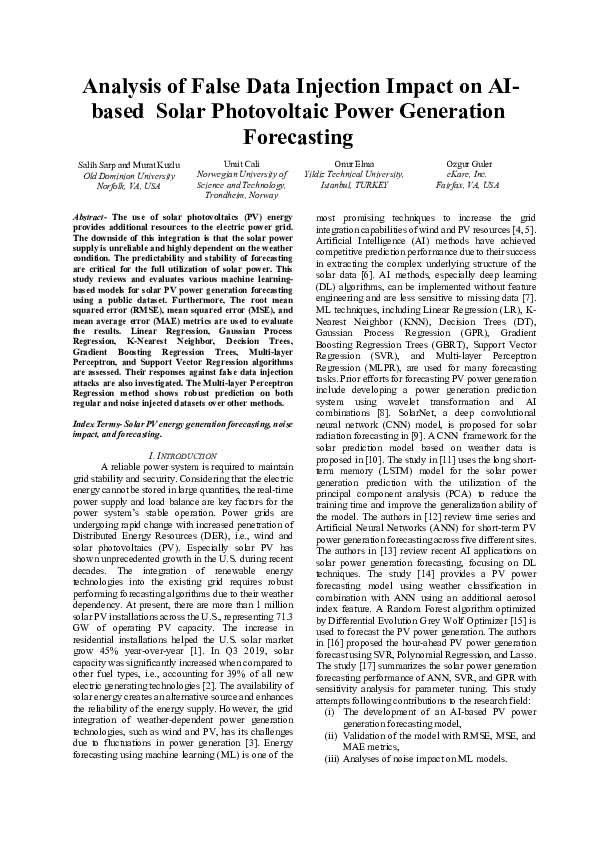 (PDF) Analysis of False Data Injection Impact on AI based Solar Photovoltaic Power Generation ...