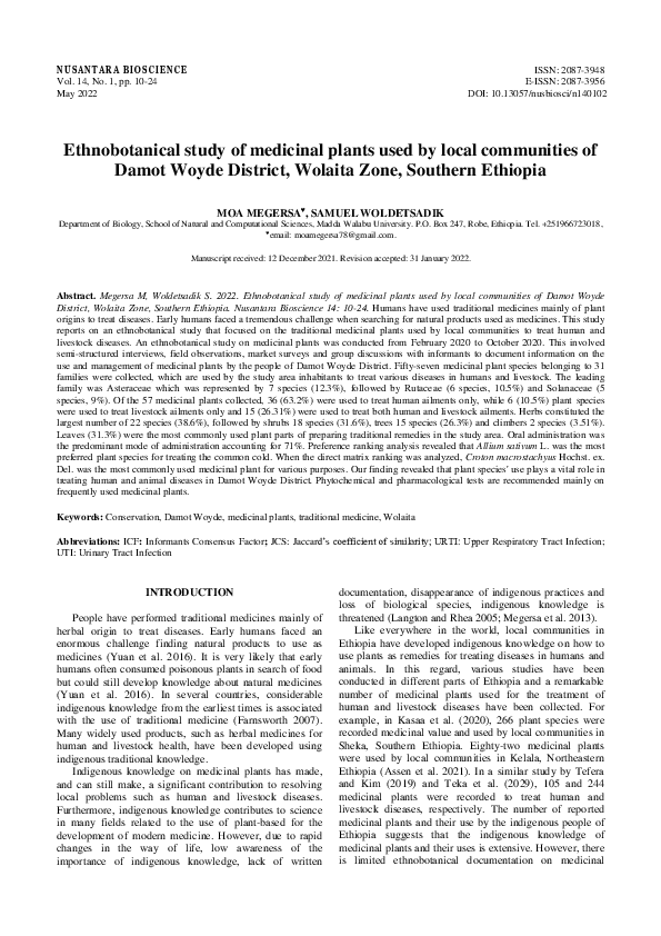 (PDF) Ethnobotanical study of medicinal plants used by local communities of Damot Woyde District ...