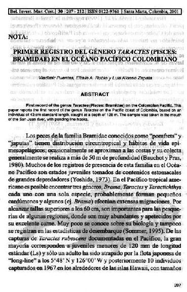 (PDF) Primer registro del género Taractes (Pisces: Bramidae) en el ...