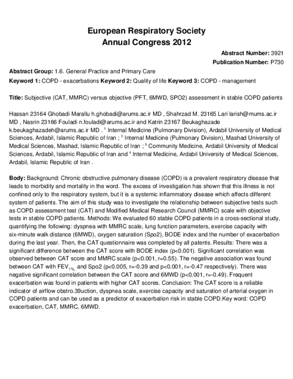 (PDF) Subjective (CAT, MMRC) versus objective (PFT, 6MWD, SPO2 ...