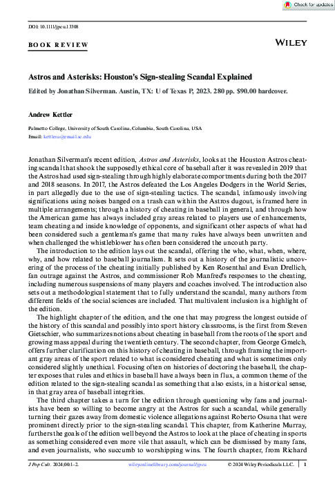 (PDF) Book Review - Astros and Asterisks: Houston's Sign-Stealing Scandal Explained, edited by ...