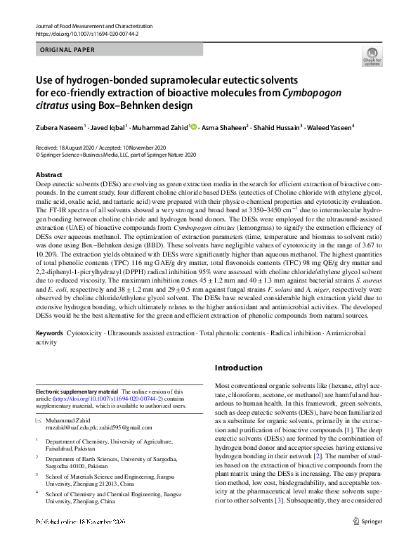 (PDF) Use of hydrogen-bonded supramolecular eutectic solvents for eco-friendly extraction of ...