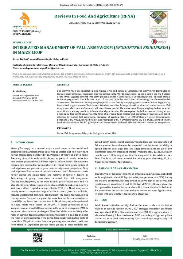 (PDF) Integrated Management of Fall Armyworm (Spodoptera Frugiperda) in Maize Crop