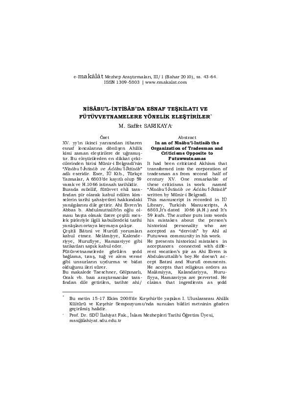 (PDF) In an of Nisûbu'l-Intisab the Organization of Tradesman and Criticisms Opposite to ...