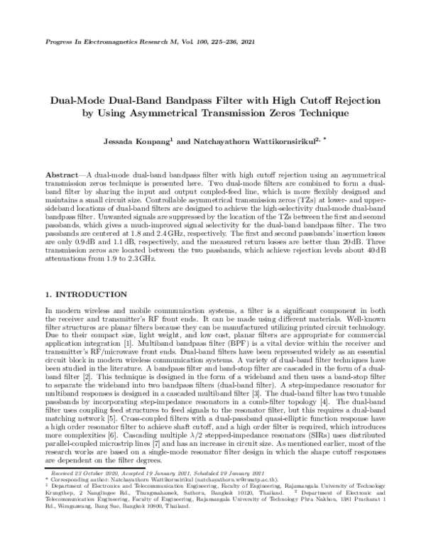 (PDF) Dual-Mode Dual-Band Bandpass Filter with High Cutoff Rejection by Using Asymmetrical ...