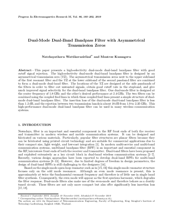(PDF) High-Selectivity Dual-Mode Dual-Band Bandpass Filter Design