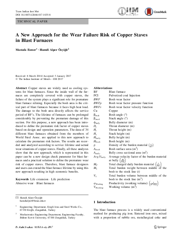 (PDF) A New Approach for the Wear Failure Risk of Copper Staves in ...