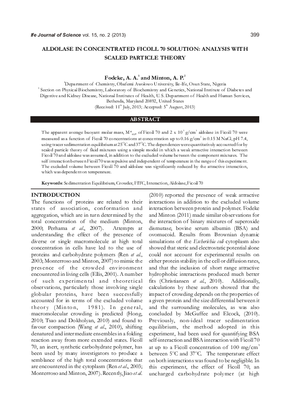 (PDF) Aldolase in concentrated ficoll 70 solution: analysis with Scaled ...