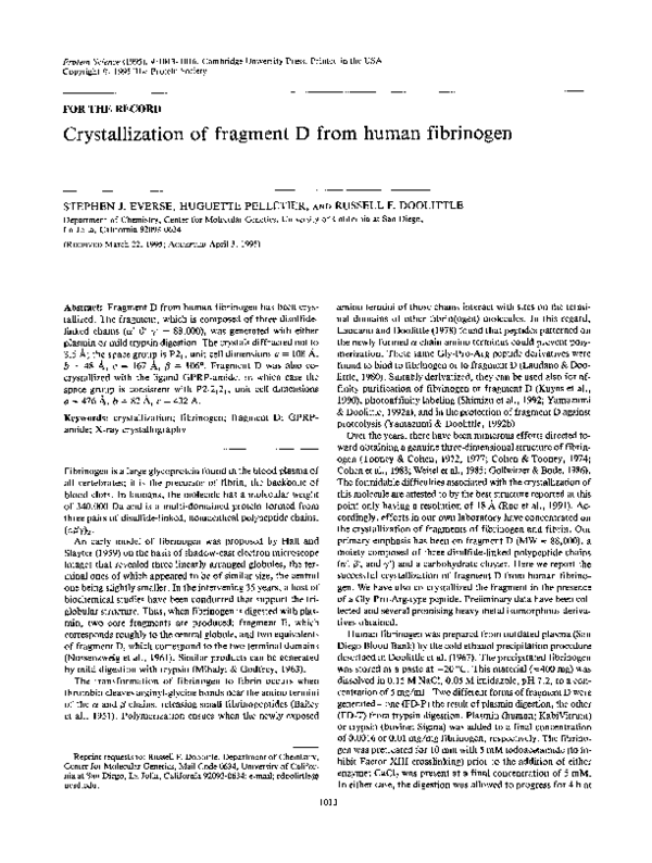 (PDF) Crystallization of fragment D from human fibrinogen