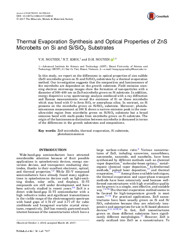 (PDF) Thermal Evaporation Synthesis and Optical Properties of ZnS Microbelts on Si and Si/SiO2 ...