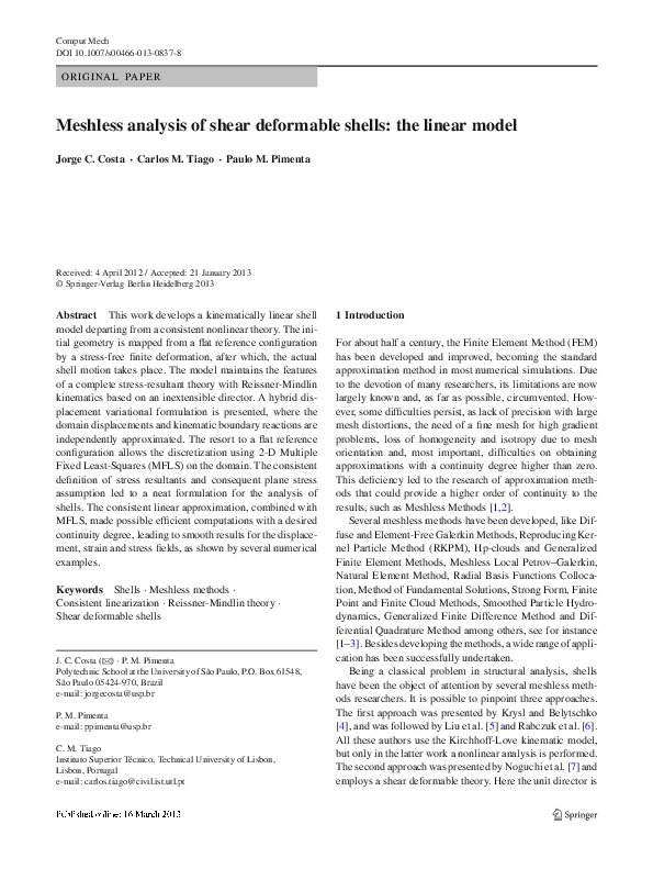 (PDF) Meshless analysis of shear deformable shells: the linear model | Jorge Costa - Academia.edu